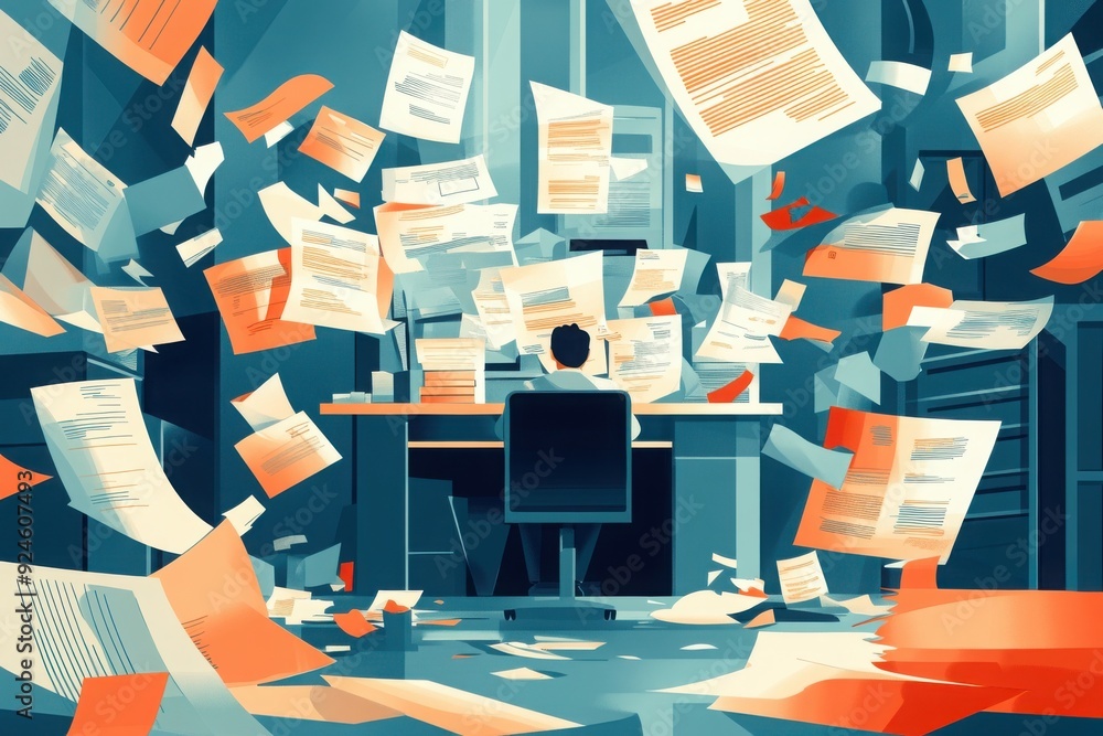 A chaotic office scene with papers flying around a desk, illustrating ...