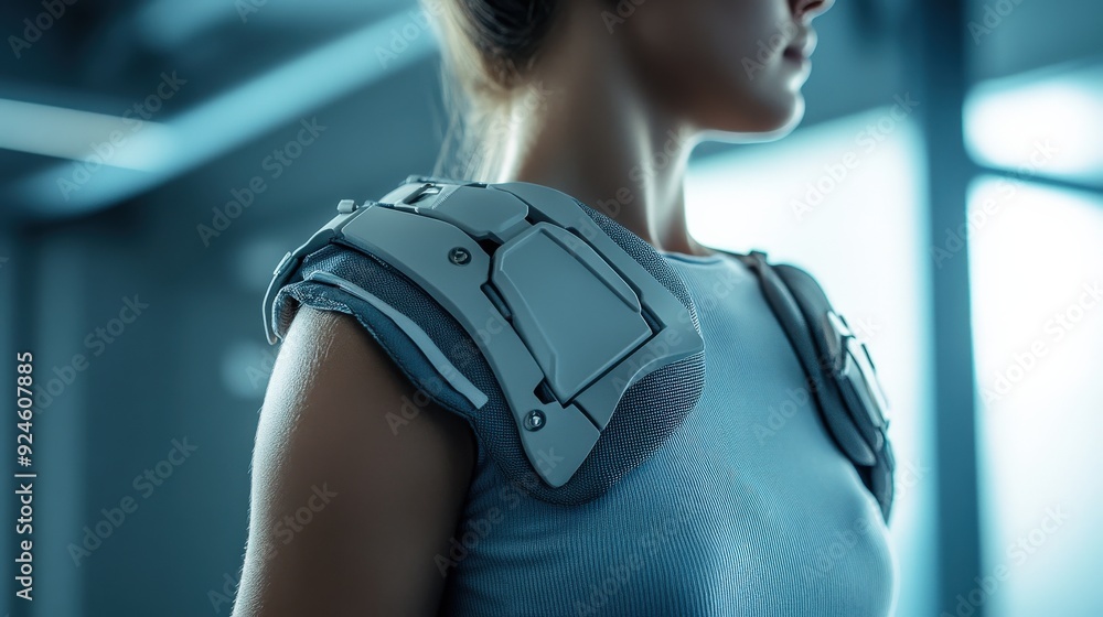 The individual is equipped with protective gear on their shoulder ...