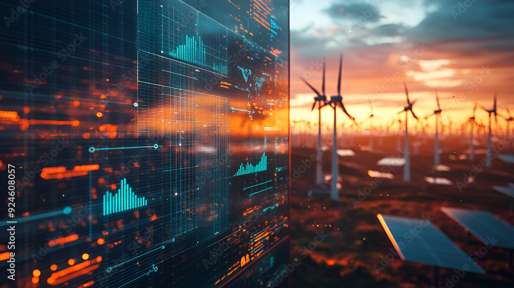 Modern wind turbine with a detailed energy data analytics dashboard in ...