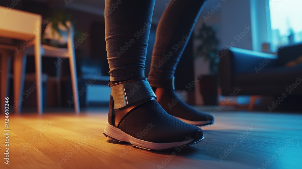 A person stands awkwardly with a sprained ankle in a warm, softly lit ...