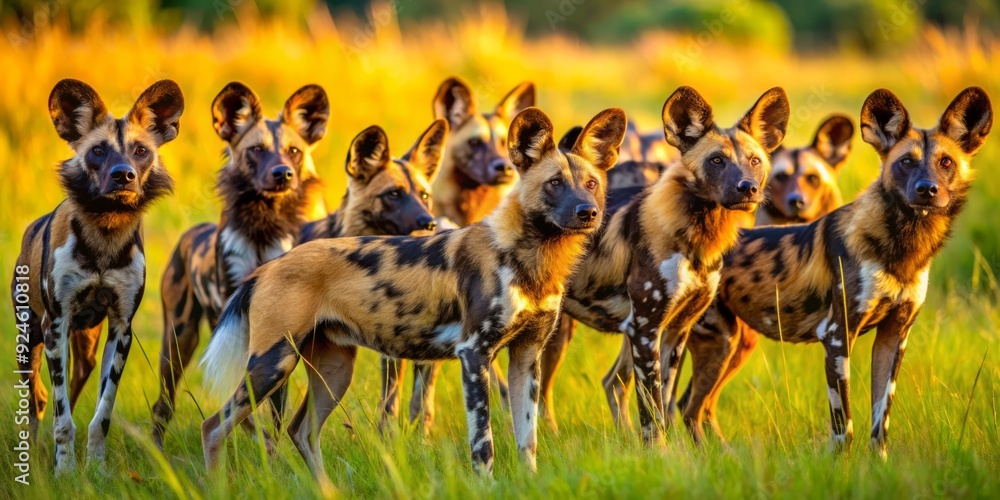 Vibrant African wild dogs, with their distinctive coats and bushy tails ...