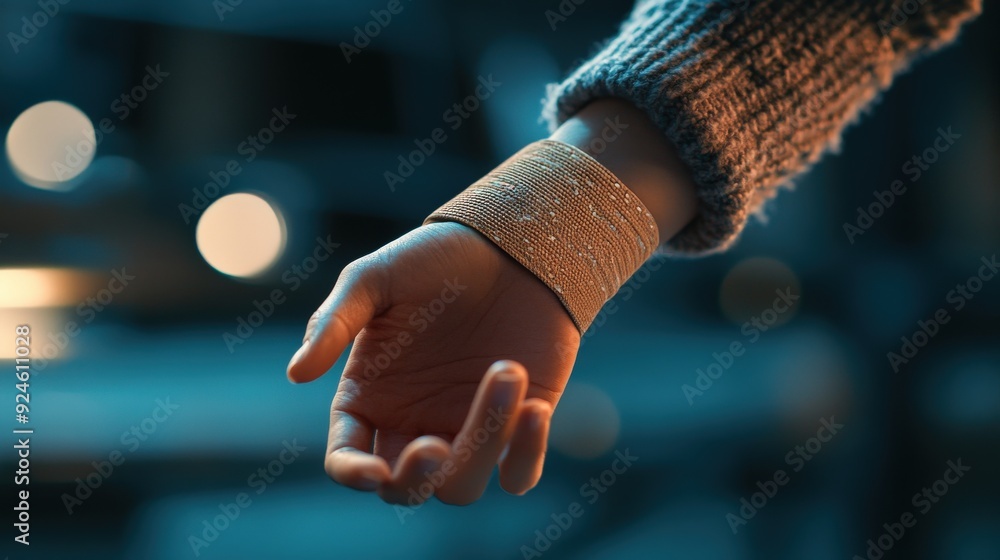 A hand with a sprained wrist is seen resting, wearing a supportive wrap ...