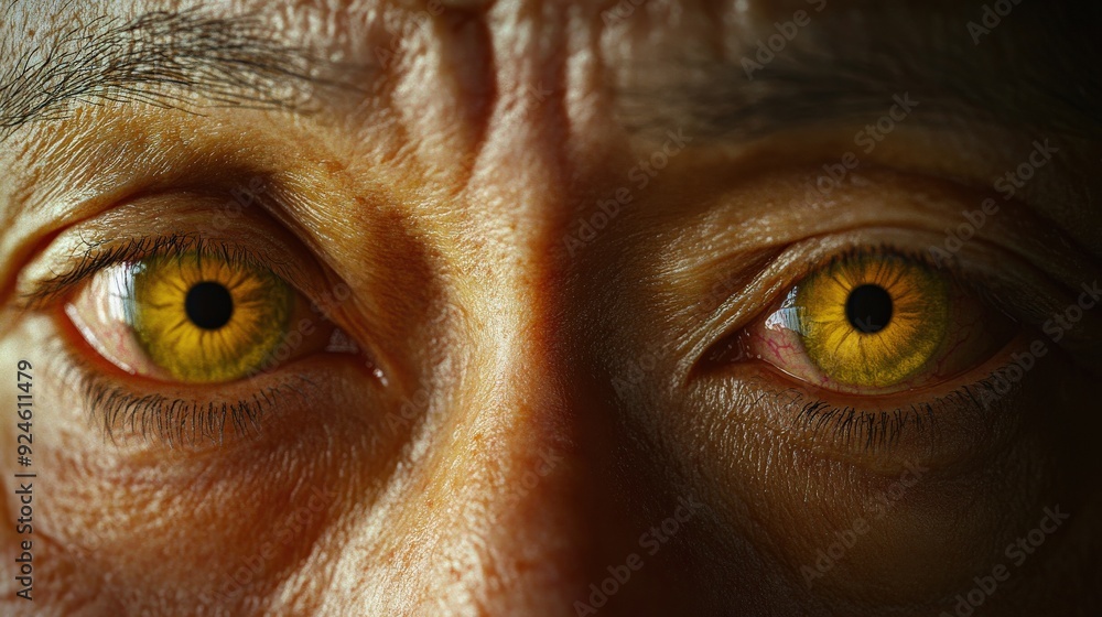 The individual shows pronounced yellow eyes, a common symptom of ...