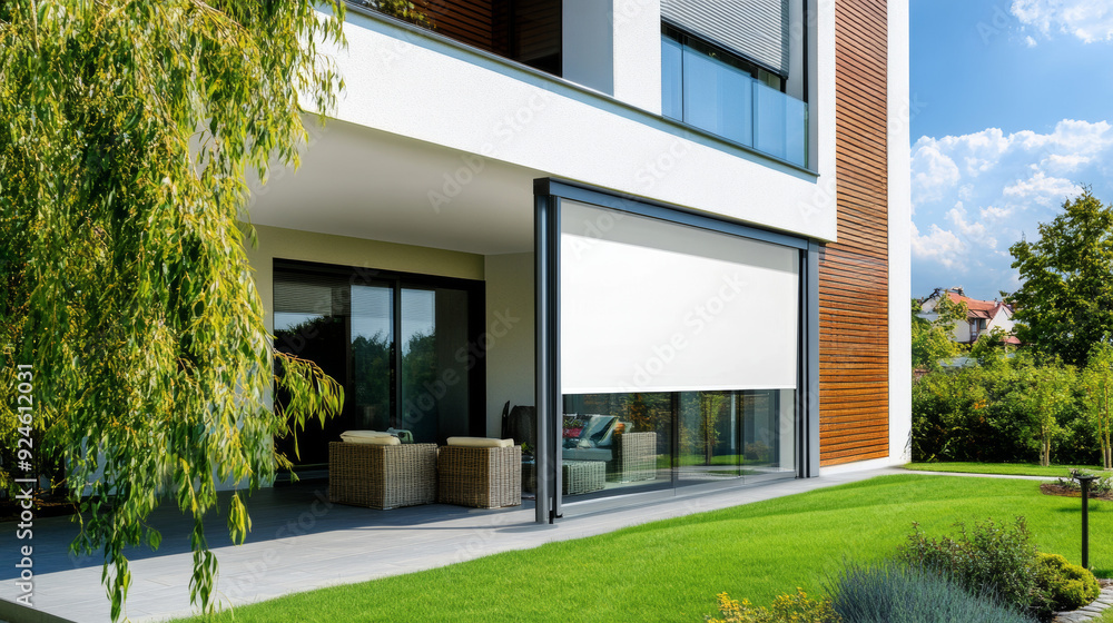 visual depicting external roller blinds installed on modern windows ...