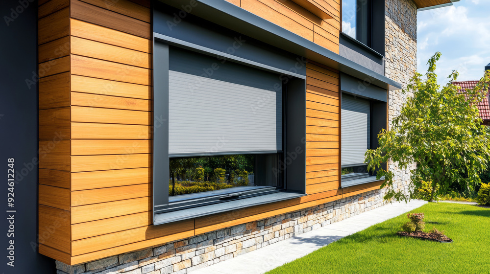 visual depicting external roller blinds installed on modern windows ...