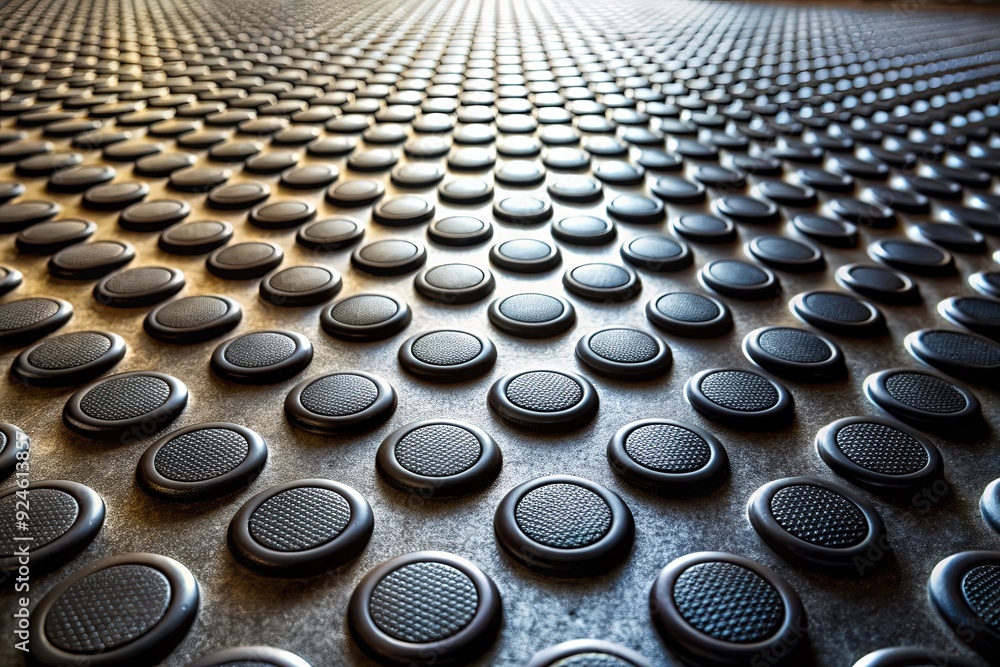 Macro view of a worn, textured black rubber mat with repeating raised ...