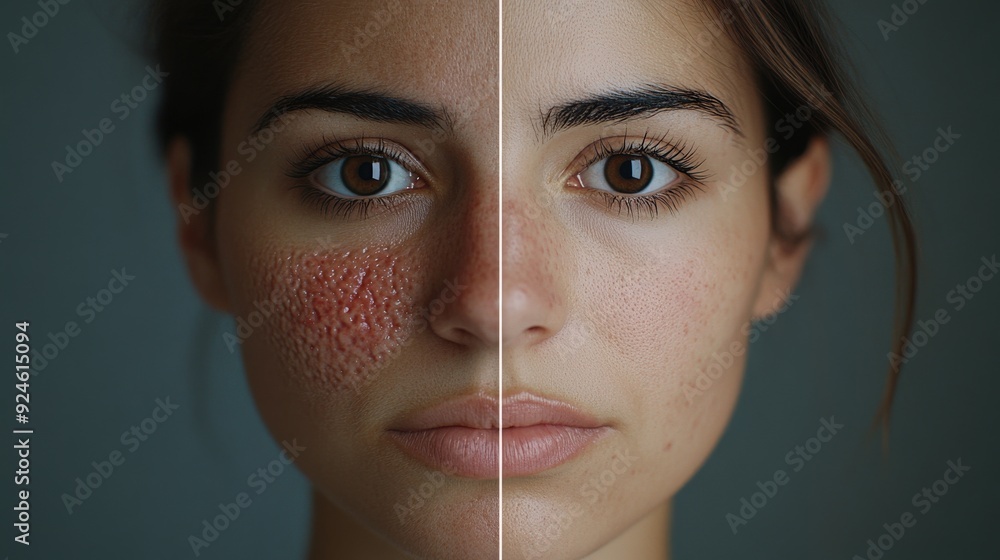 The image reveals a woman's face split into two halves, highlighting a ...