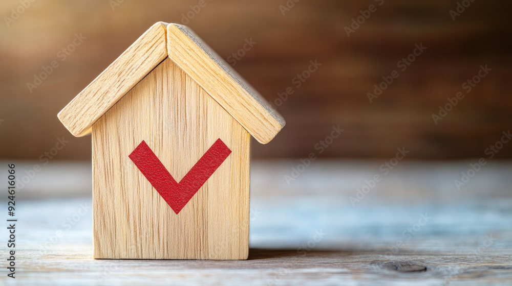 A visual featuring a wooden house model placed on a desk with a check ...