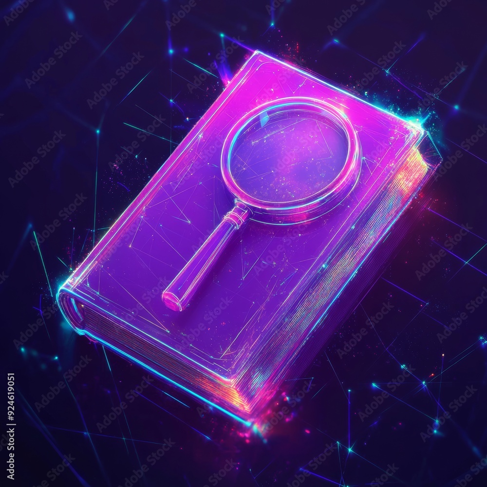 This illustration shows a book with a magnifier. A 3D magnifier sits ...