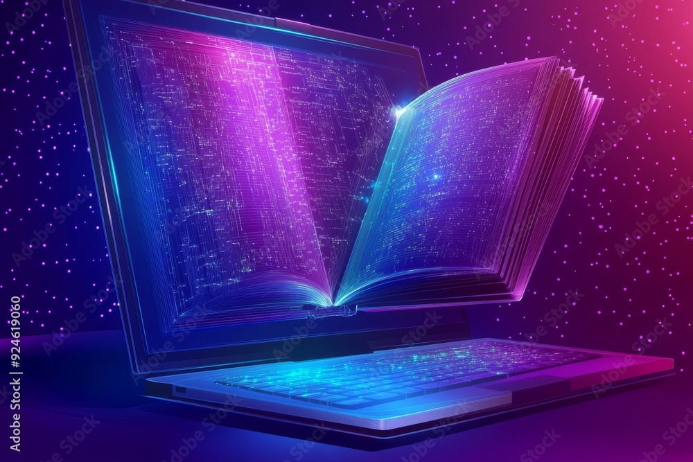 Illustration of a computer screen and a book in low polygons. Open ...