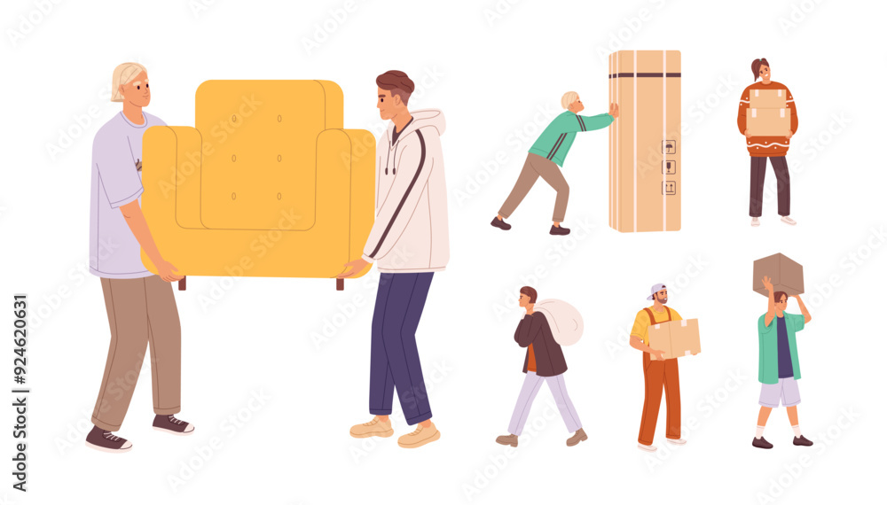 Loaders with boxes to move set. Workers carrying and pushing cardboards ...