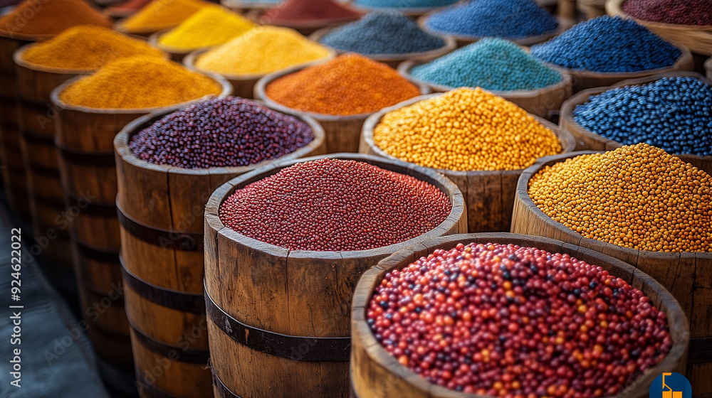 Vibrant Spices in Wooden Barrels: A colorful and inviting display of ...