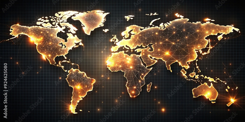 Illuminated Grid: Population density visualized as a glowing grid on a ...