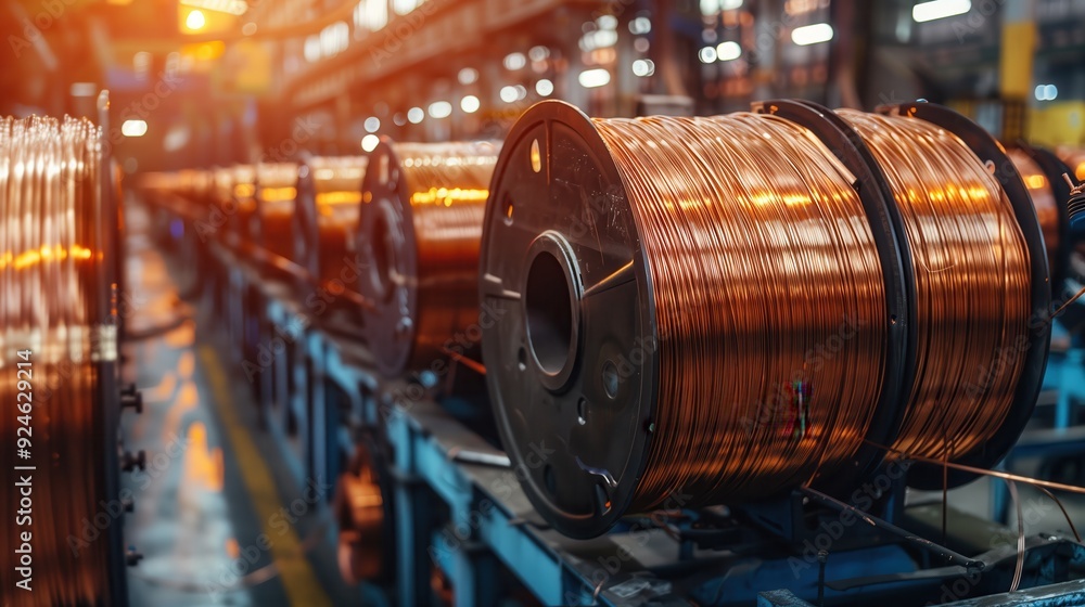 Spools of copper wire neatly arranged in a manufacturing facility ...