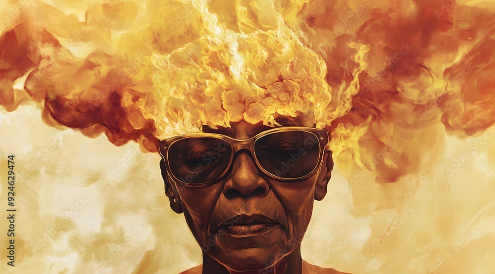 An elderly black woman's head, with smoke and fire emerging from her ...
