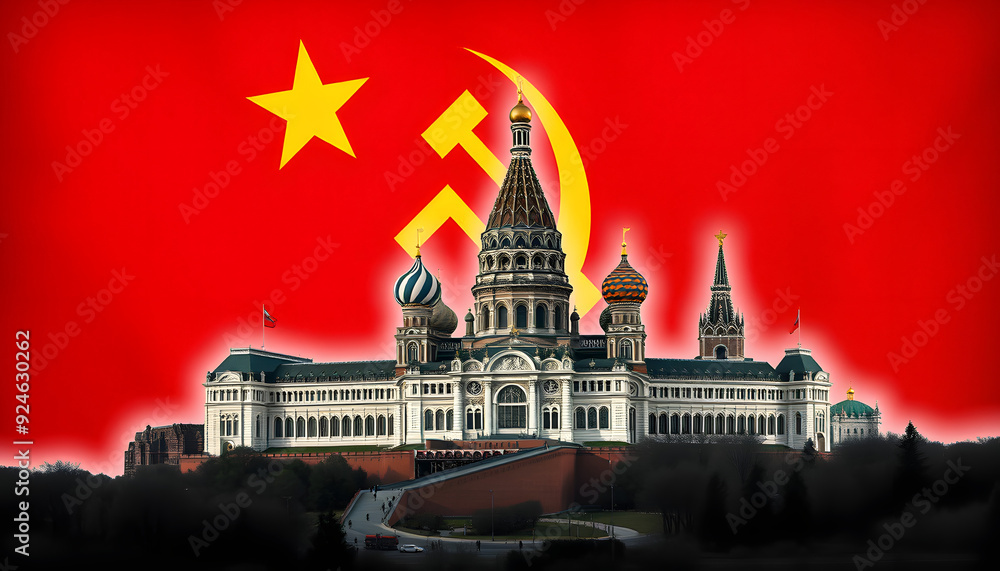The Moscow Kremlin against the background of the USSR flag. Symbol of ...
