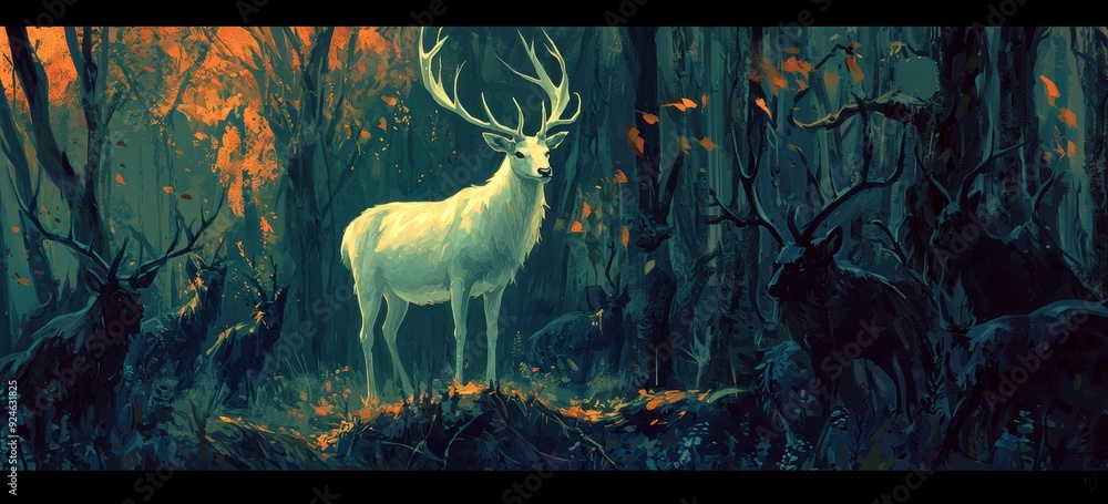 The fantasy image depicts an elk creature being hunted by evil goblin ...