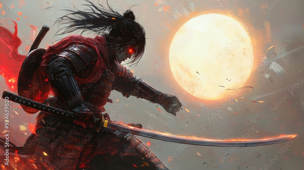 As a stern fantasy knight in a half-face mask walks with a spear in his ...