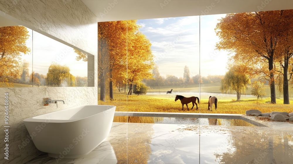 Bathroom, white minimalist interior design, big windows with autumn ...