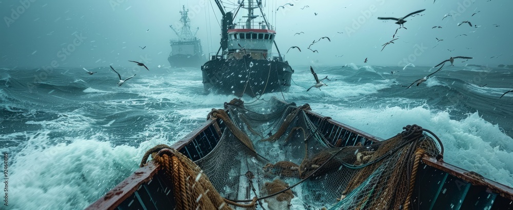 Fishing boats, dwarfed by towering waves and dark clouds, navigate ...
