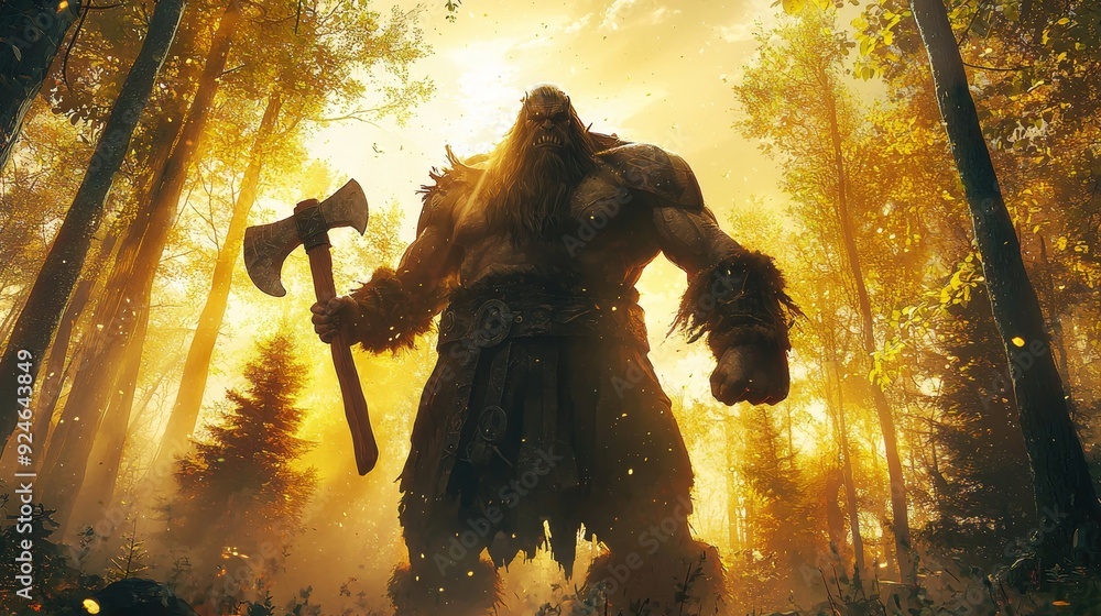 There is a giant troll holding a huge spear fighting people in a ...