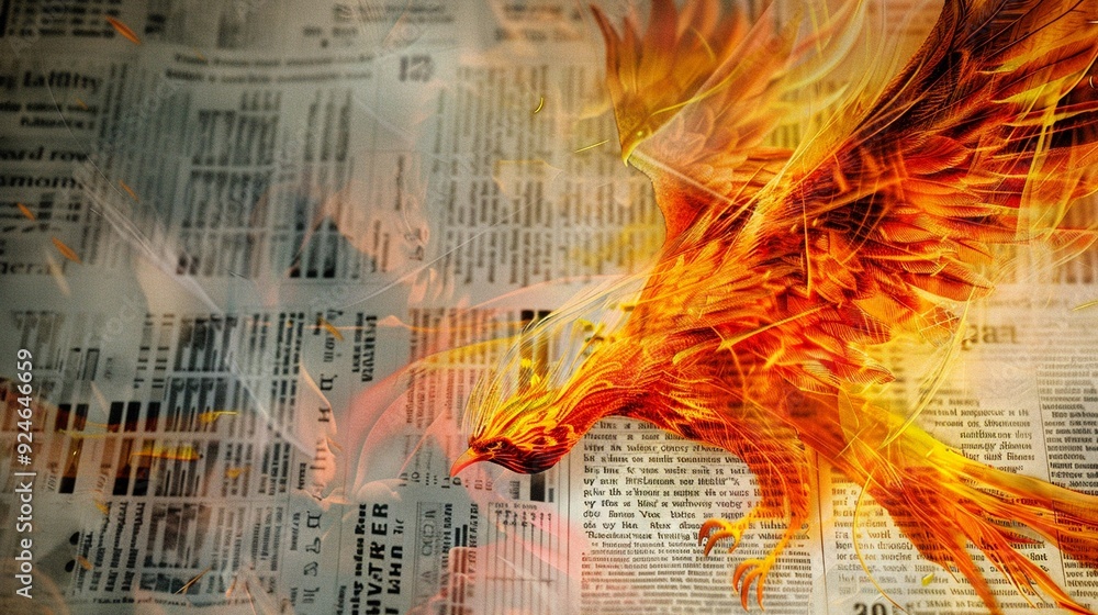 A visual metaphor of a phoenix rising from the ashes superimposed on ...