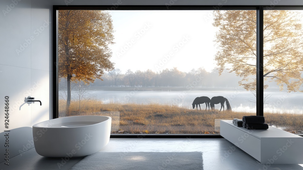 Bathroom, white minimalist interior design, big windows with autumn ...