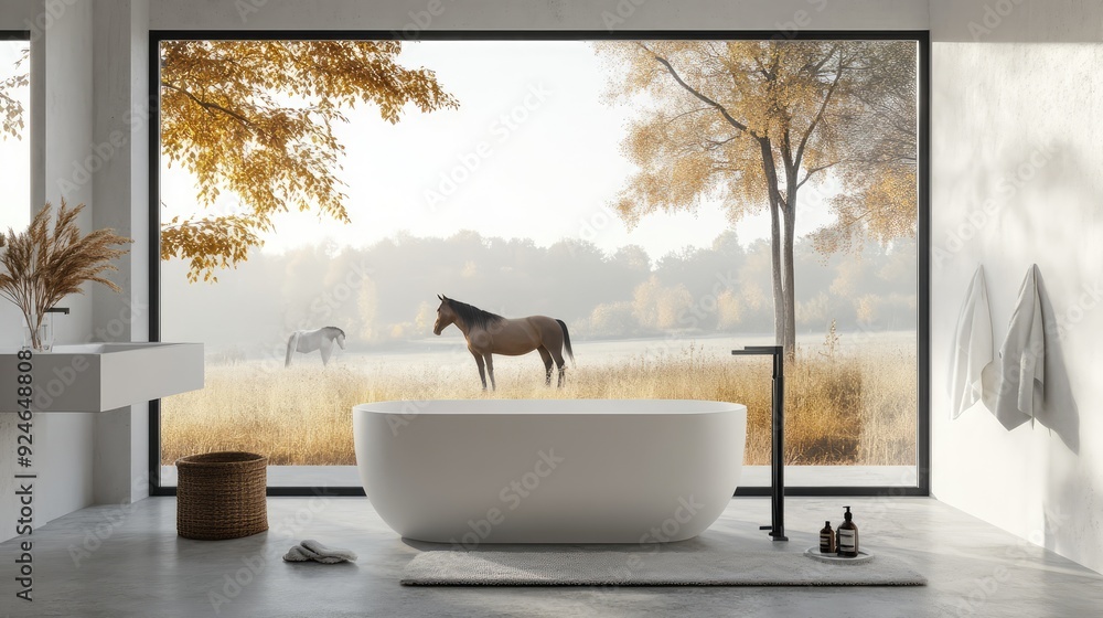 Bathroom, white minimalist interior design, big windows with autumn ...