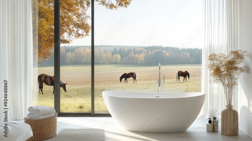 Bathroom, white minimalist interior design, big windows with autumn ...
