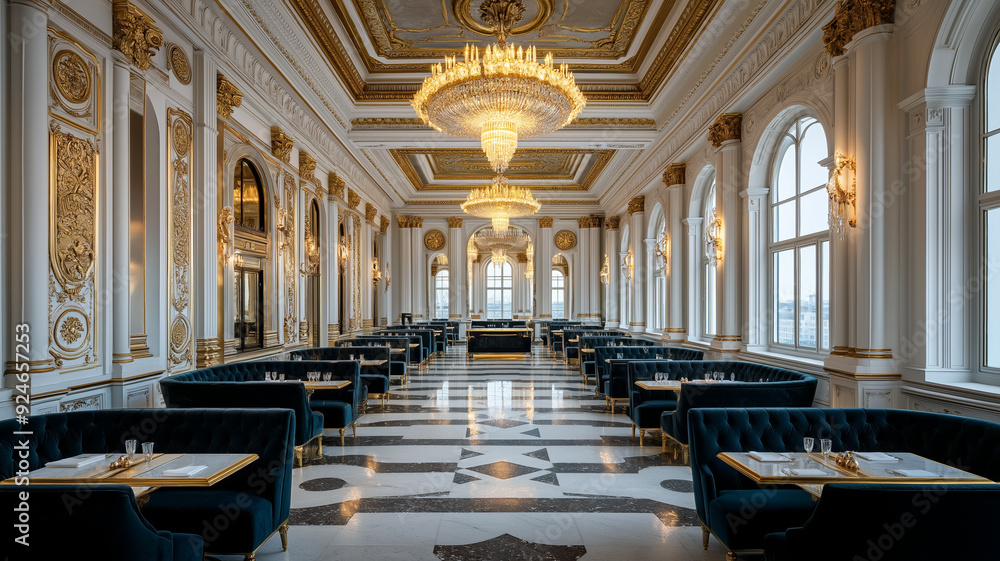A Rococo fast food restaurant with lavish interiors ornate chandeliers ...