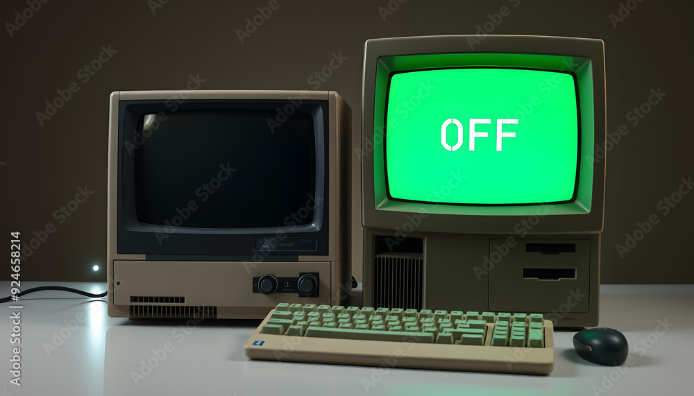 Old PC Turn ON and OFF with Green Screen Retro Vintage Computer in a ...