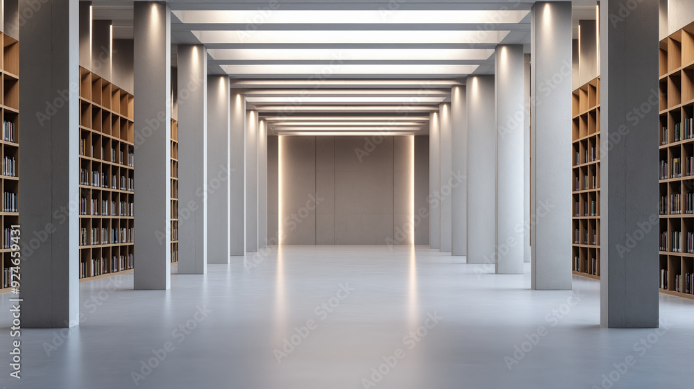 A brutalist library interior heavy concrete columns and beams ...