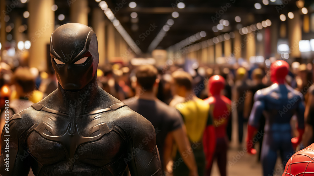 A bustling exhibition floor with life sized statues of comic book ...