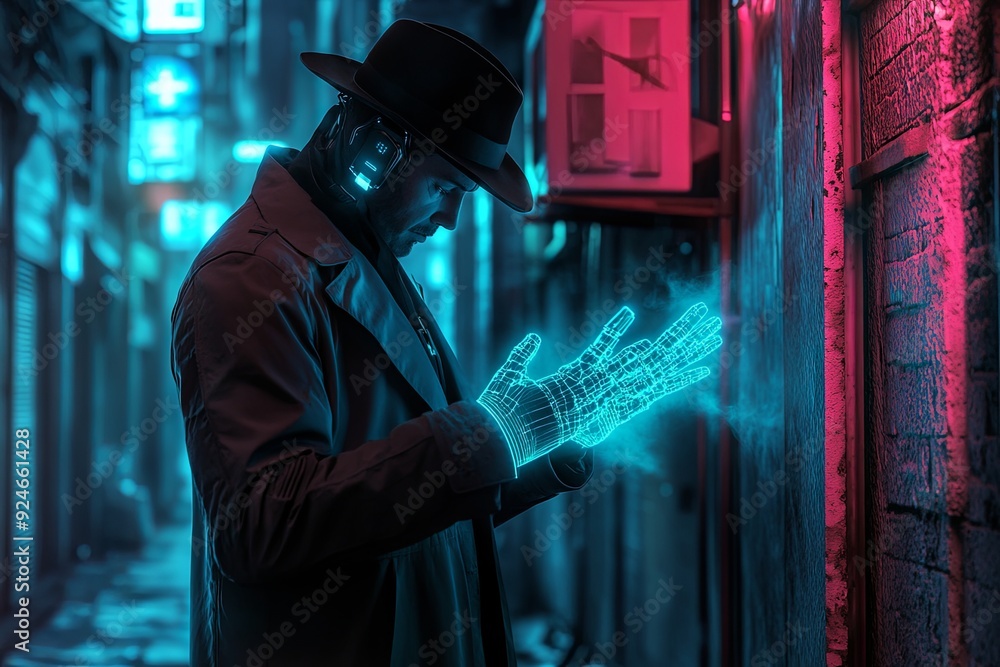 Cyberpunk detective with bionic hands examining a holographic crime ...