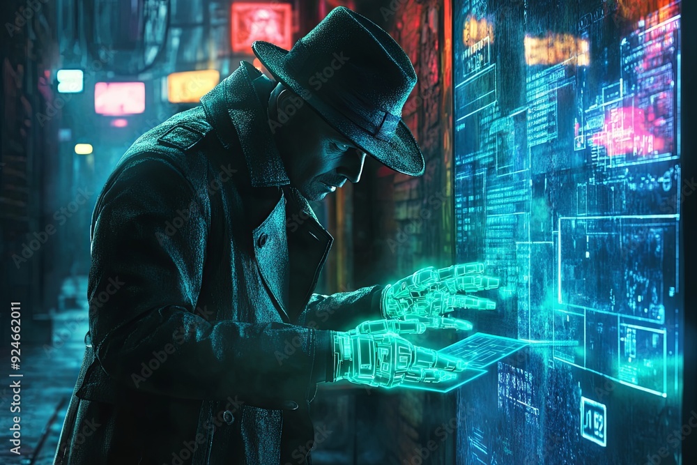 Cyberpunk detective with bionic hands examining a holographic crime ...