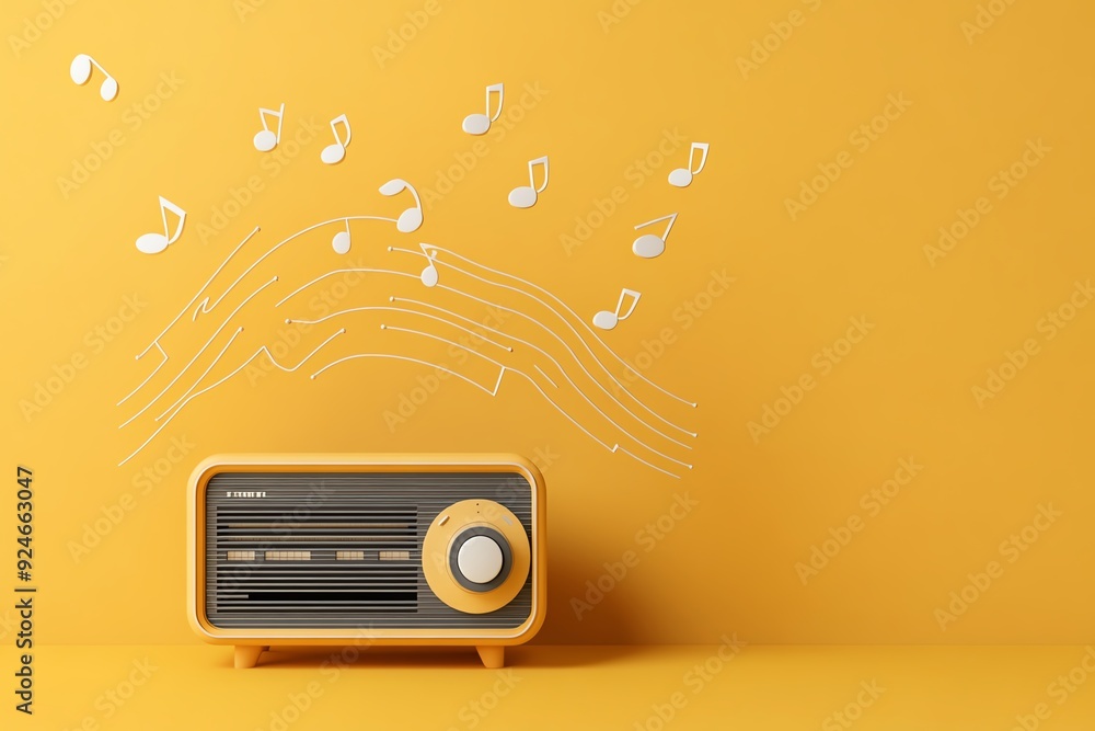 Vintage radio with floating musical notes, retro sound waves, 3D ...