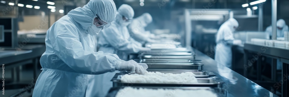 Workers in white cleanroom suits are working on an assembly line in a ...