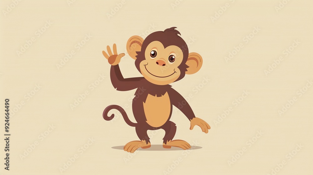 Playful monkey standing and waving clipart, simple cartoon 2D, flat ...