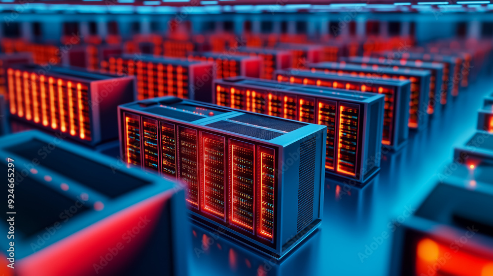 Overhead view of a data center floor with hundreds of servers advanced cooling units and ...