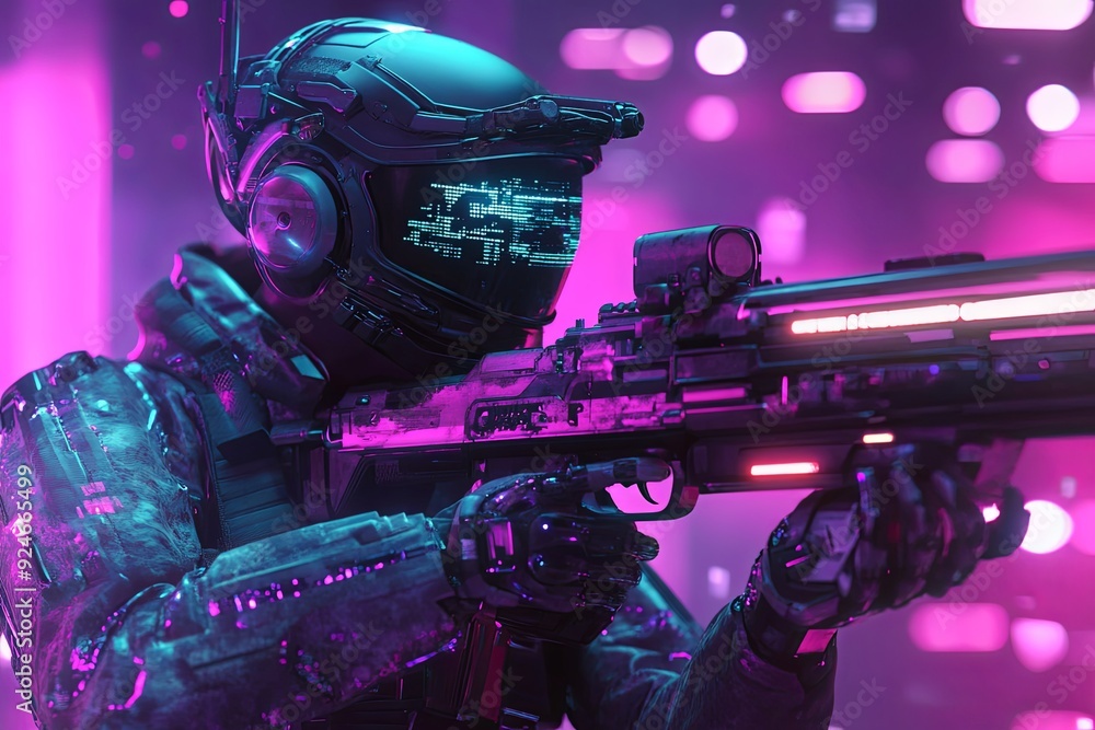 Cyberpunk soldier with bionic arms and a high-tech rifle, standing in a ...