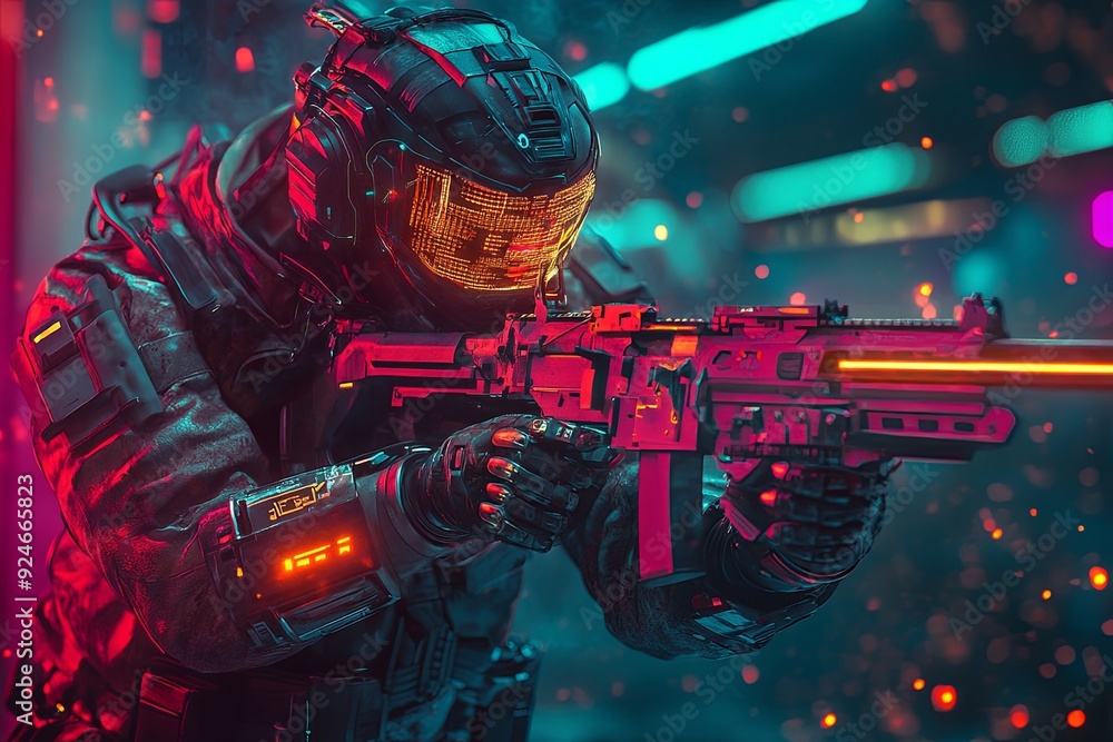 Cyberpunk soldier with bionic arms and a high-tech rifle, standing in a ...