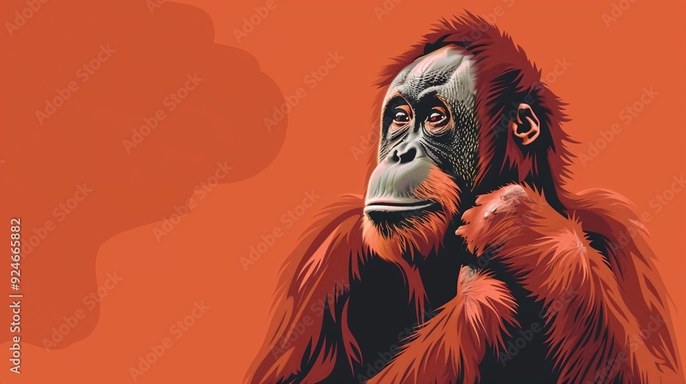 Cute orangutan standing and thinking clipart, simple cartoon 2D, flat ...
