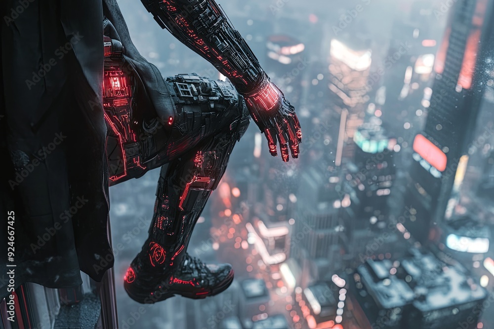 Person with advanced bionic arms and legs standing on a skyscraper's ...