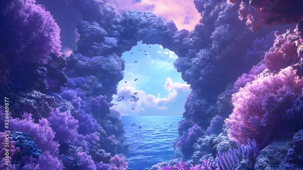 A magical underwater scene where a luminous portal is framed by vibrant ...