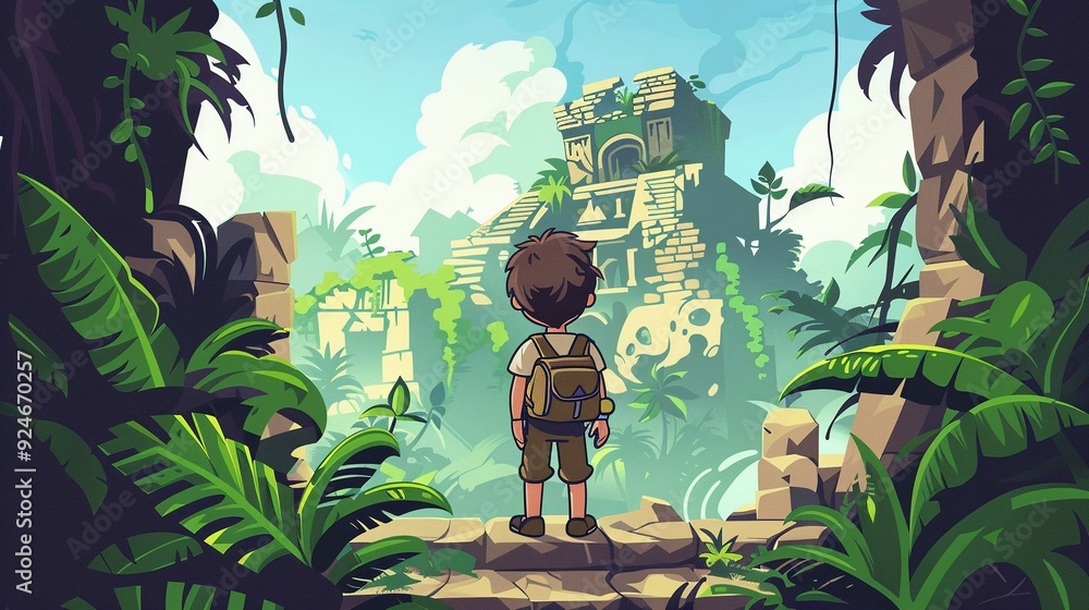 Kid exploring an ancient ruin, adventure seeker, vector logo, vector ...