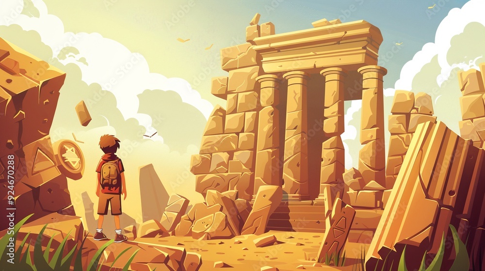 Kid exploring an ancient ruin, adventure seeker, vector logo, vector ...