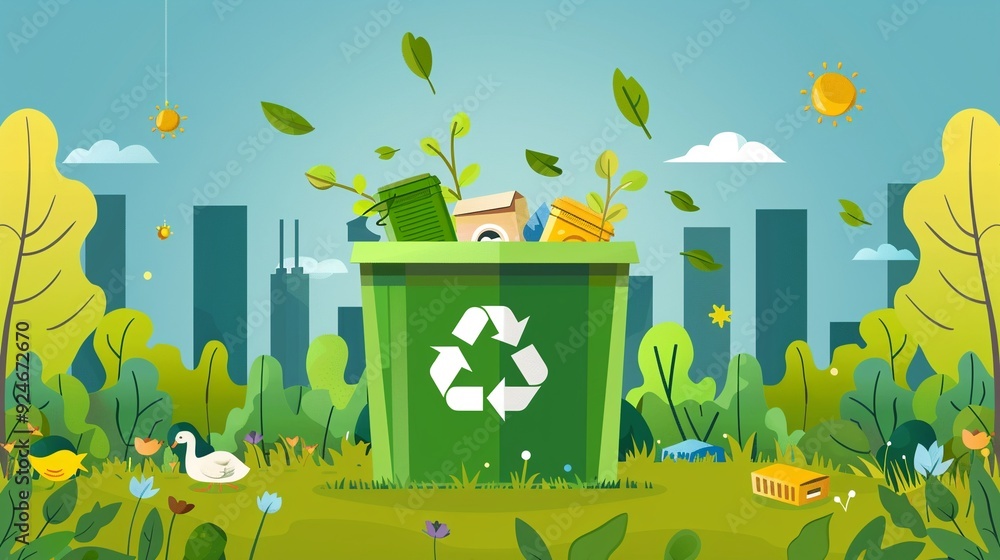 School recycling and sustainability clipart, green bin, flat vector art ...