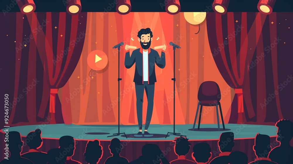 Stand-up comedian on stage clipart, flat vector art, comedy night ...