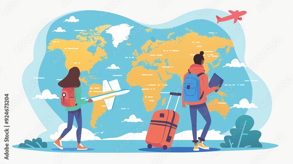 Student exchange and study abroad clipart, airplane journey, flat ...