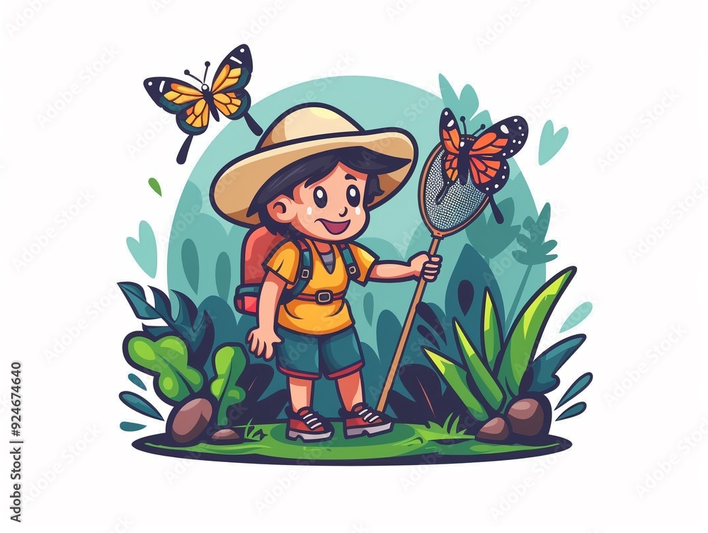 Young biologist with a butterfly net, jungle exploration, vector logo ...